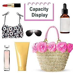 QTKJ Beach Bag for Women, Straw Handmade Handbag, Pink Leather Braided Handle and Flower Decoration, Boho Retro Woven Shoulder Bag, Large Tote Bag for Vacation Travel Work