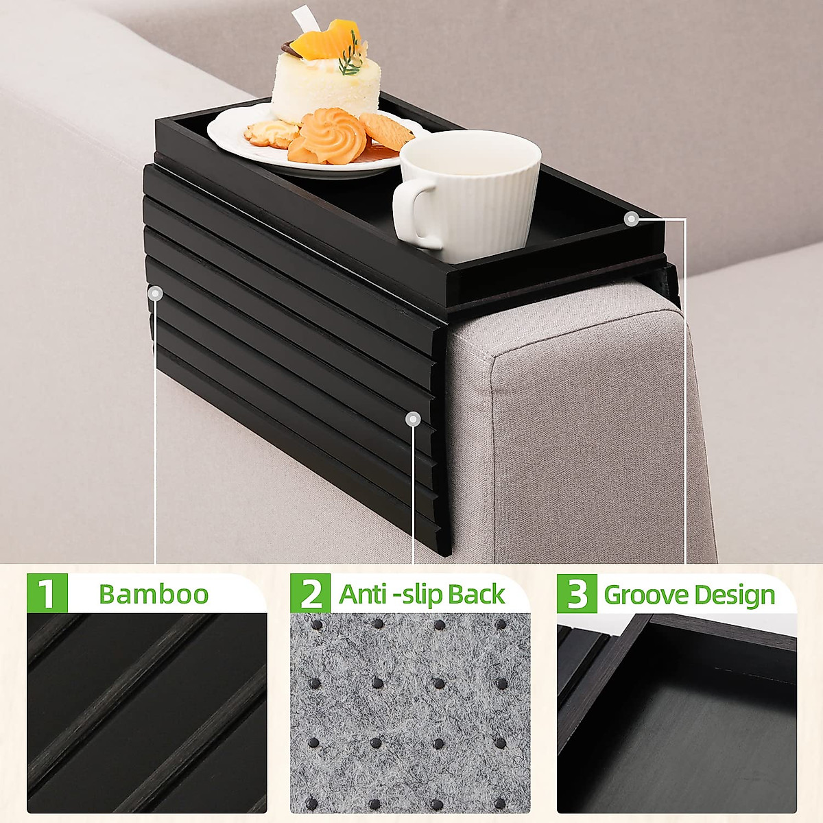GEHE Sofa Arm Tray Bamboo Sofa Tray Table for Couch, Sofa Armrest Tray Table Anti-Slip Arm Table Clip On Tray Sofa Table, Couch Cup Holder for Snacks,Phone,Control,Cups,Flexible and Foldable