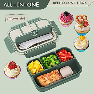 QQKO Bento Box Adult Lunch Box, Bento Box for Kids, 1200 ML Lunch Containers for Adults, Food Storage Container With 4 Compartments, Leak-Proof, Microwave, Dishwasher Safe, Green