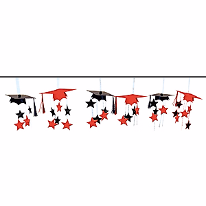 Amscan School Colors Graduation Party 3-D Mortarboard and Stars Foil Garland Decoration, Apple Red and Black, Foil, 12 Feet