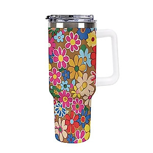 ADASGHBY Large Capacity Car Cup with Straw Lid Bright Flower Style Leakproof Insulated Stainless Steel Tumbler Fits in Car Cup Holder