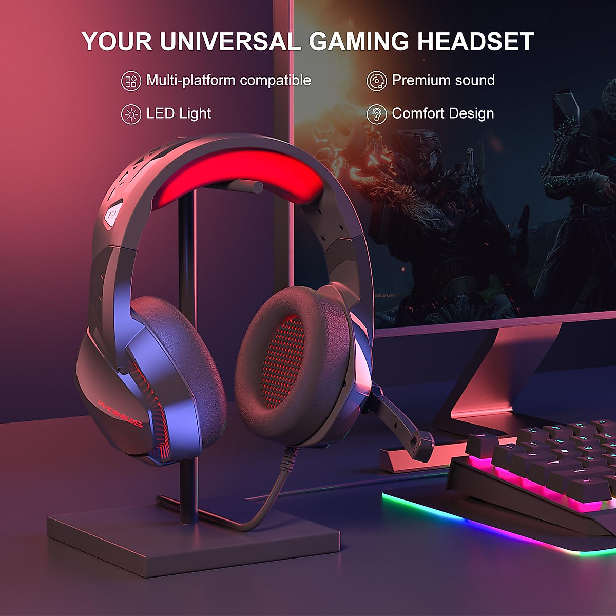 PHOINIKAS PS4 Gaming Headset with 7.1 Surround Sound, PC Headset with Noise Canceling Mic & LED Light, H3 Over Ear Headphones for Nintendo Switch, PS5, Xbox One, Laptop (Red)