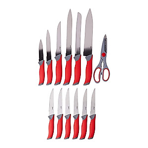 Oster Lindbergh 14 Piece Stainless Steel Cutlery Black Block Set, Red Handles (Pack of 1)