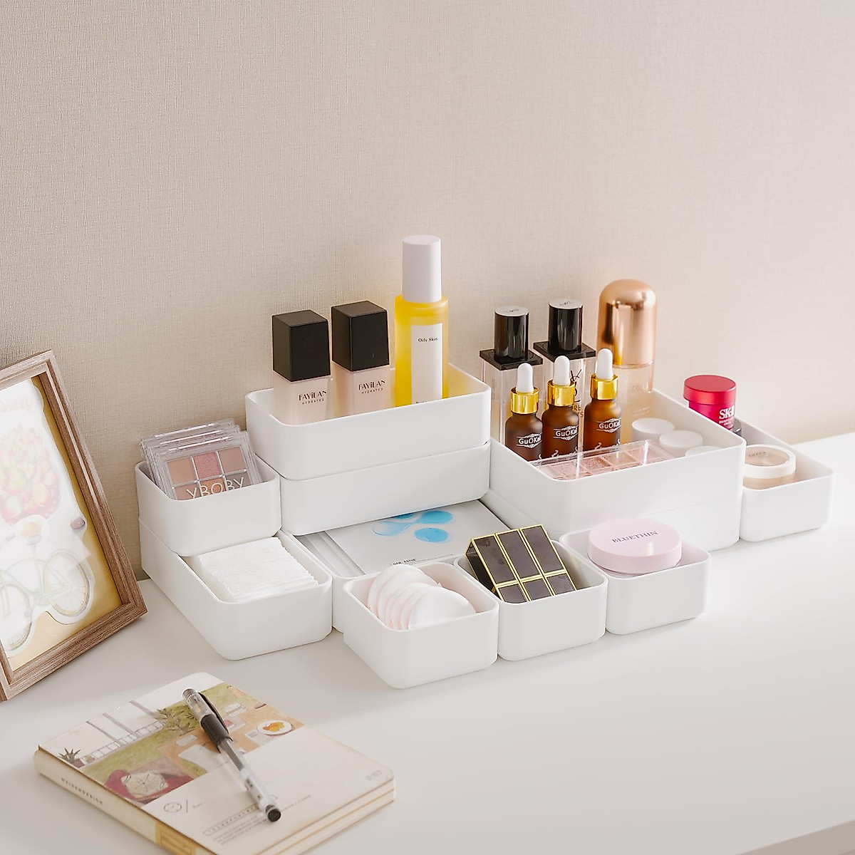 CHANCETSUI 11-Piece Stackable Drawer Organizer Set, Multi-size Desk Drawer Organizer Trays Vanity Storage Bins for Storing Makeup, Stationery, Utensils in Bathroom Dresser, Office and Kitchen