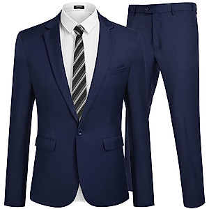 COOFANDY Men 2 Piece Suit Jacket Dress Business Blazer Tuxedo Wedding Suit Pant Navy Blue