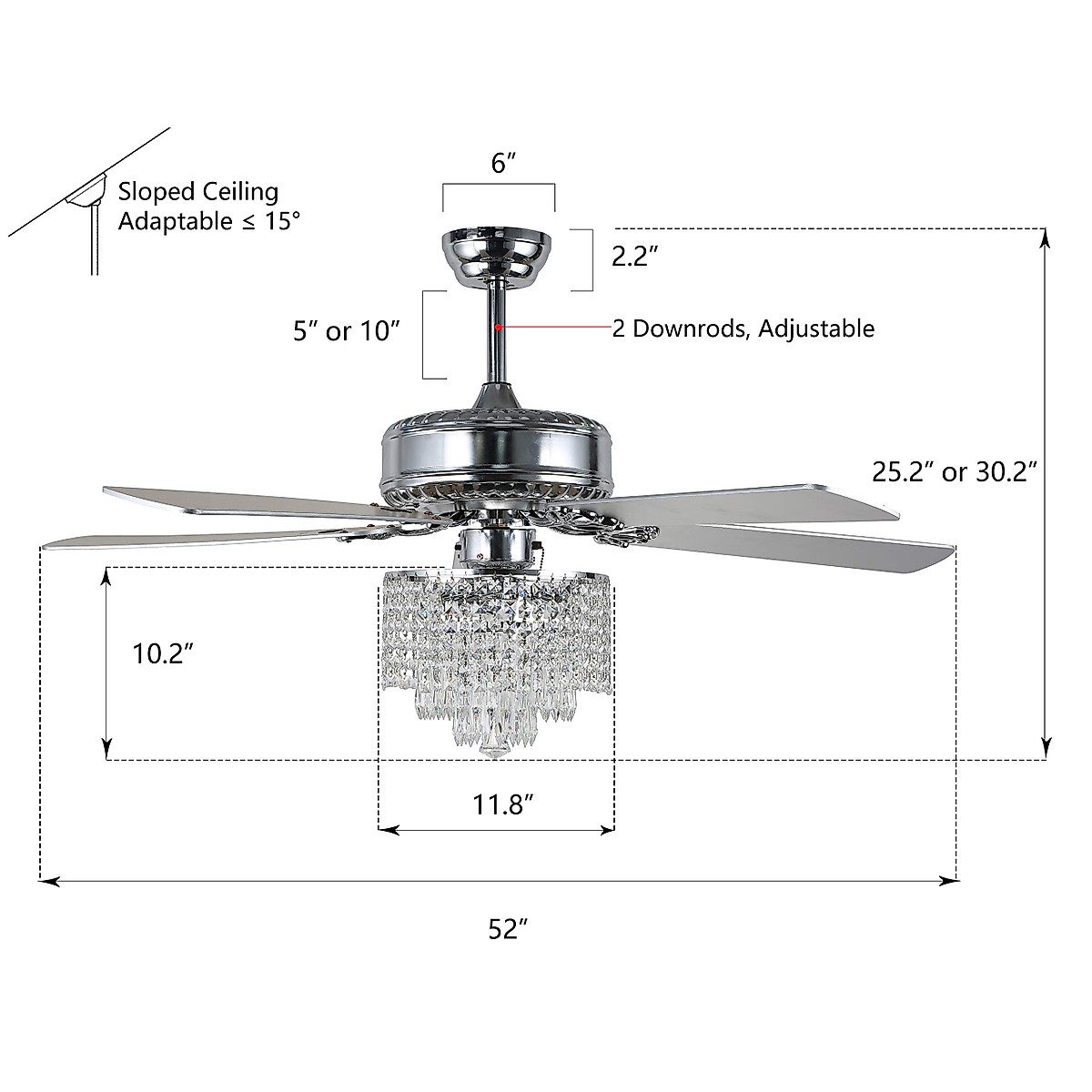 Bella Depot 52" Crystal Chandelier Ceiling Fan with Light and Remote, Dual-Sided Blades Modern Chandelier Fan for Living Room Dining Room Bedroom