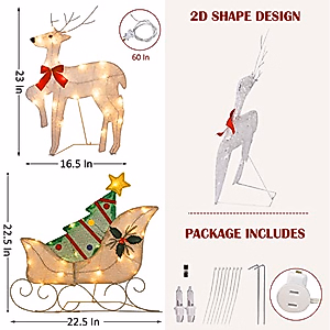 ATDAWN Lighted Christmas Reindeer Sleigh Outdoor Yard Decoration, 50 Lights Christmas Deer Outdoor Decoration, Outdoor Lighted Holiday Deer Christmas Yard Decoration Light Up Display