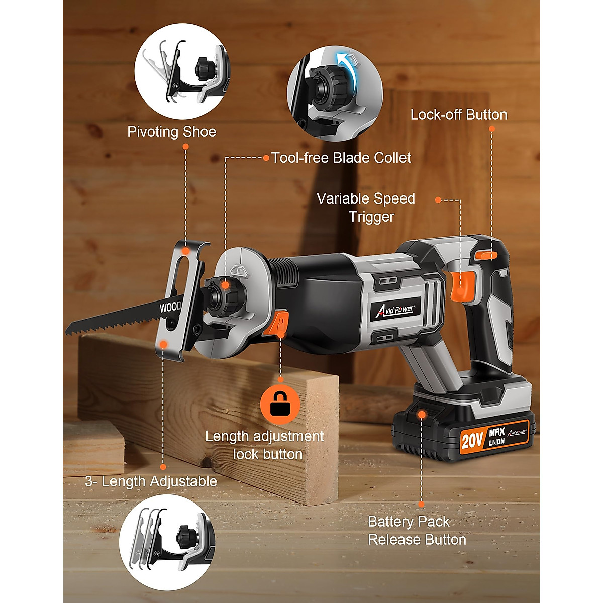 AVID POWER Reciprocating Saw, 20V Cordless Reciprocating Saw with Two 2.0Ah Batteries and Charger, 6 Saw Blades, Variable Speed, Battery Powered Saw for Woods/Metal/Plastic Cutting （Red）