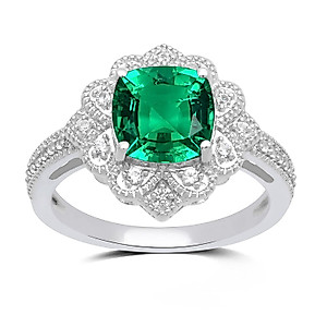 Jewelili Sterling Silver 8x8 MM Cushion Shape Created Emerald and 1/6 Cttw Natural White Round Diamond Ring, Size 7