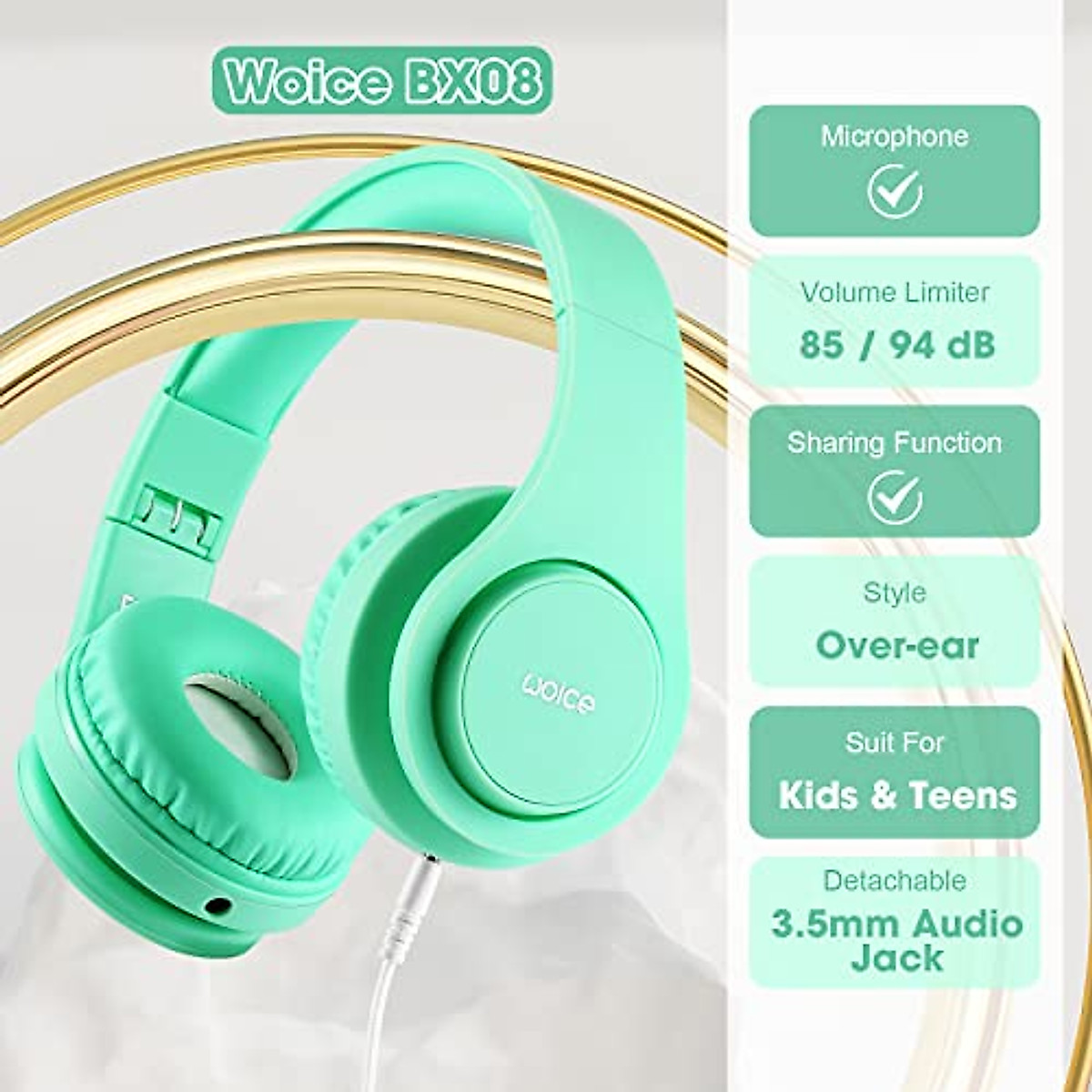 Kids Wired Headphones with Microphone, 85/94dB Volume Limiter, Shareport, Foldable Adjustable Stereo Tangle-Free 3.5MM Wire Cord Over-Ear Headphone for Smartphones/PC/Tablet/School/Trip(Green)