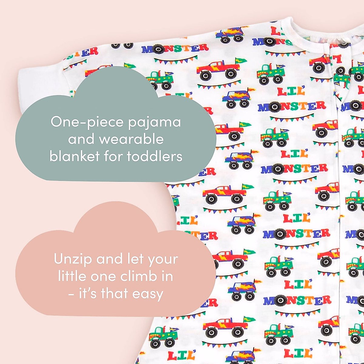 SleepingBaby - Flying Squirrel Wearable Blanket with No-Slip Cuffs for Toddlers - Comfortable Sleepwear - Monster Trucks - 2-3T