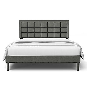Nazhura Queen Size Bed Frame Upholstered Modern Low Profile Platform with Tufted Headboard/No Box Spring Needed/Linen Fabric Upholstery/Charcoal Grey
