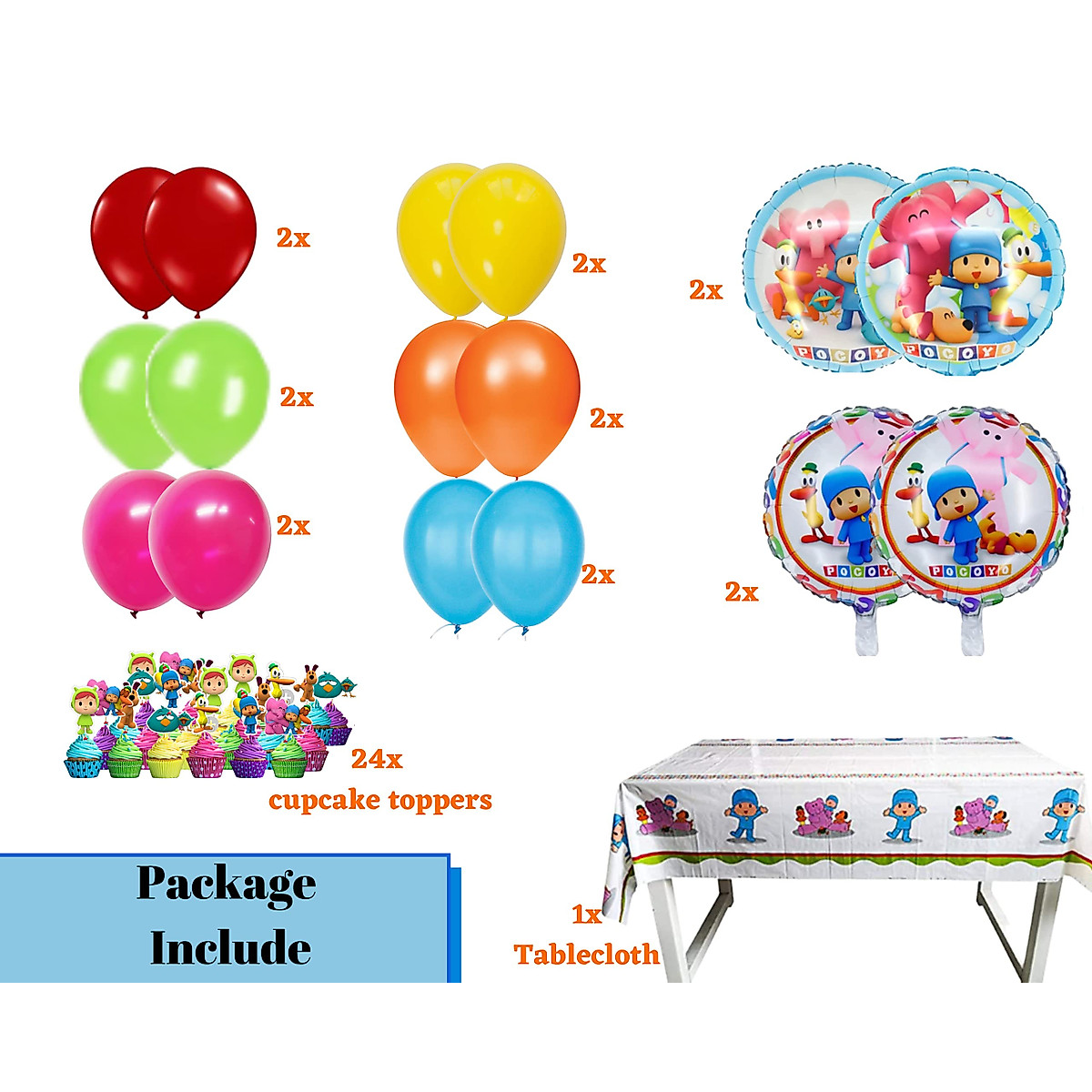 Pocoyo and Friends theme party decorations balloons Birthday Party Supplies. Pocoyo. Baby Shower decorations. Pocoyo and friends cupecake topper and table cloth or tablecover 24 cupcake toppers. Pato, Elly, Loula, Sleepy Bird, and Baby Bird.