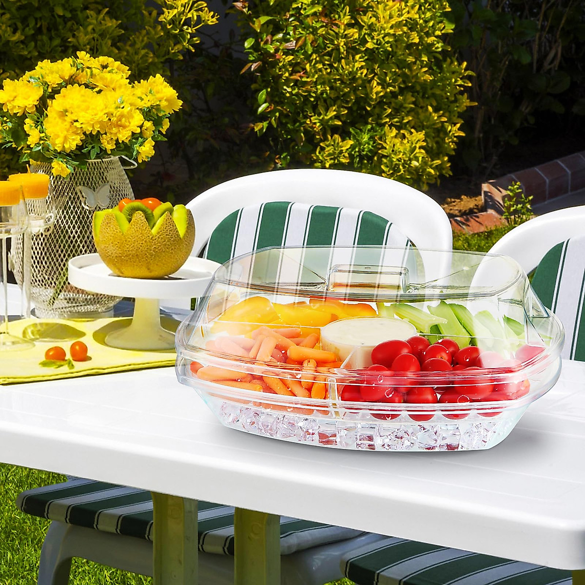 MOLIGOU Chilled Serving Tray, Ice Party Platter with Lid, 4 Compartments Appetizer Serving Tray on Ice