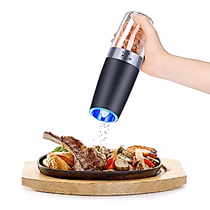 Gravity Salt and Pepper Mill with Adjustable Coarseness Automatic Pepper and Salt Grinder Battery Powered with Blue LED Light,One Hand Operated,Brushed Stainless Steel by CHEW FUN