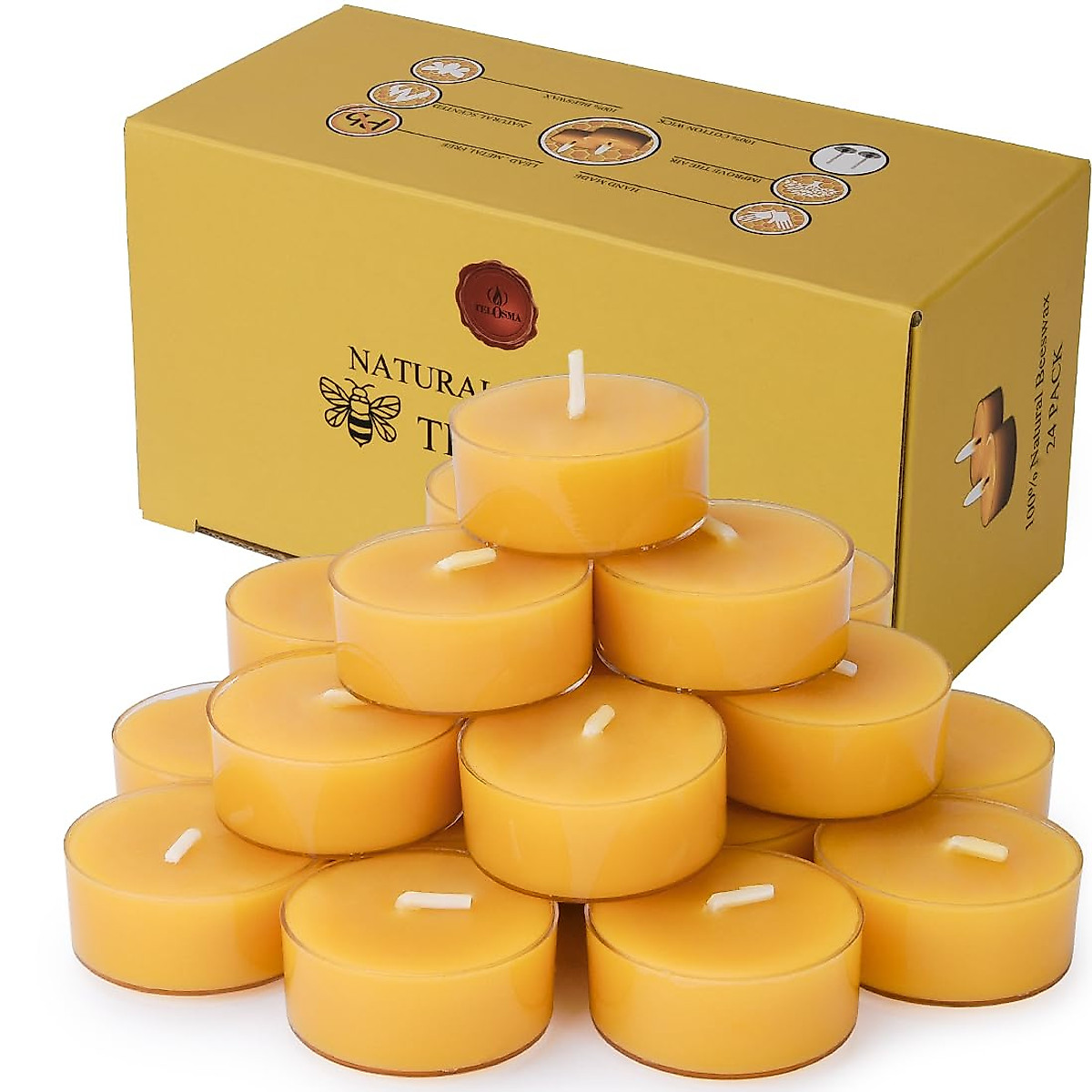 Natural Yellow Beeswax Tealight Candles - 24 pcs - Organic Candle Natural Scent Smokeless Clean Burning