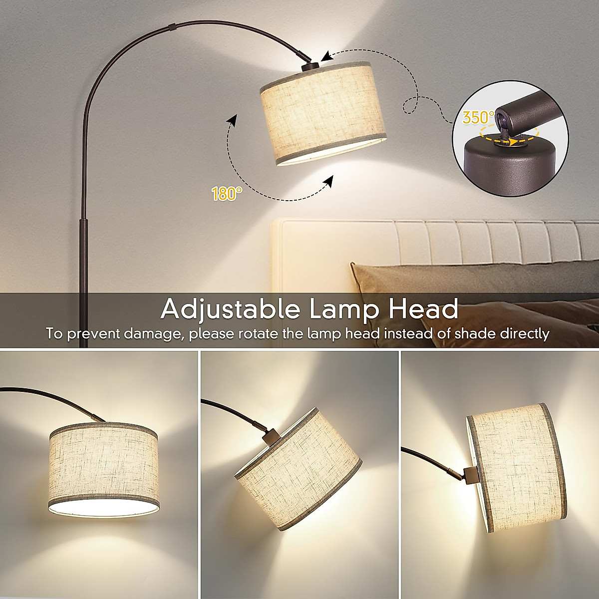 Floor Lamp for Living Room, Arc Floor Lamp with Adjustable Head, Modern Arched Floor Lamp with On/Off Pedal Switch, Over Couch Tall Standing Hanging Light for Reading, Bedroom, Office (Brown)