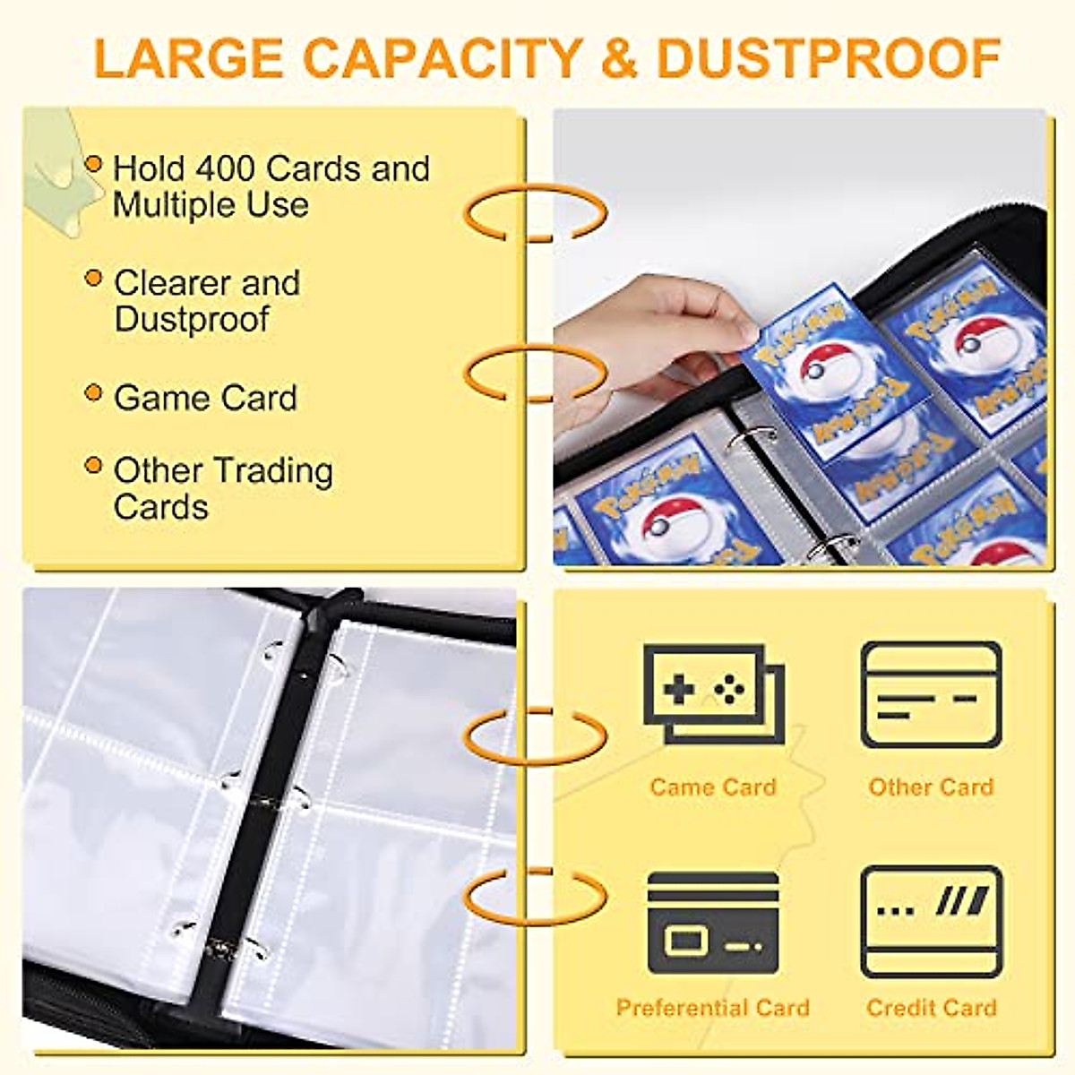 ESSAGER 4-Pocket Trading Card Binder, Fits 400 Cards with 50 Removable Sleeves, Zipper Card Collection Binder Album Book Storage Organizer - Toys Gifts for Boys Girls