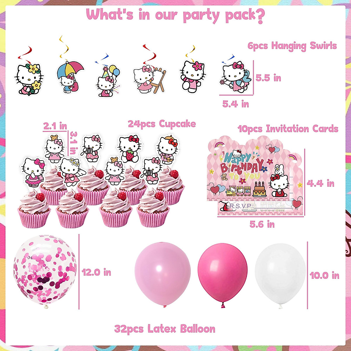 Kawaii Birthday Party Supplies, Kawaii Birthday Party Decorations Set Include Banner, Tattoos Invitation Cards, Hanging Swirls, Stickers, Tableware, Cake Toppers, Balloons, Kawaii Cute Party Favors