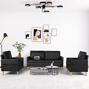AILEEKISS Mid-Century Sectional Sofa Set for Living Room Faux Leather Office 2 Pcs Couch Set with Armrest Modern Upholstered Loveseat Couches (1-Seater+2-Seater, Black)