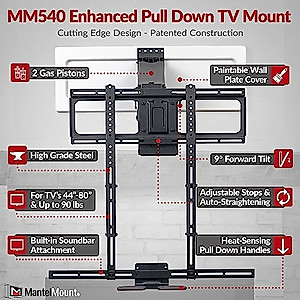 MantelMount MM540 - Above Fireplace Pull Down TV Mount for 40" to 80" Screen TVs to 90 lbs, with Patented auto-straightening, Adjustable Stops, Heat Sensor Handles & Paintable Covers