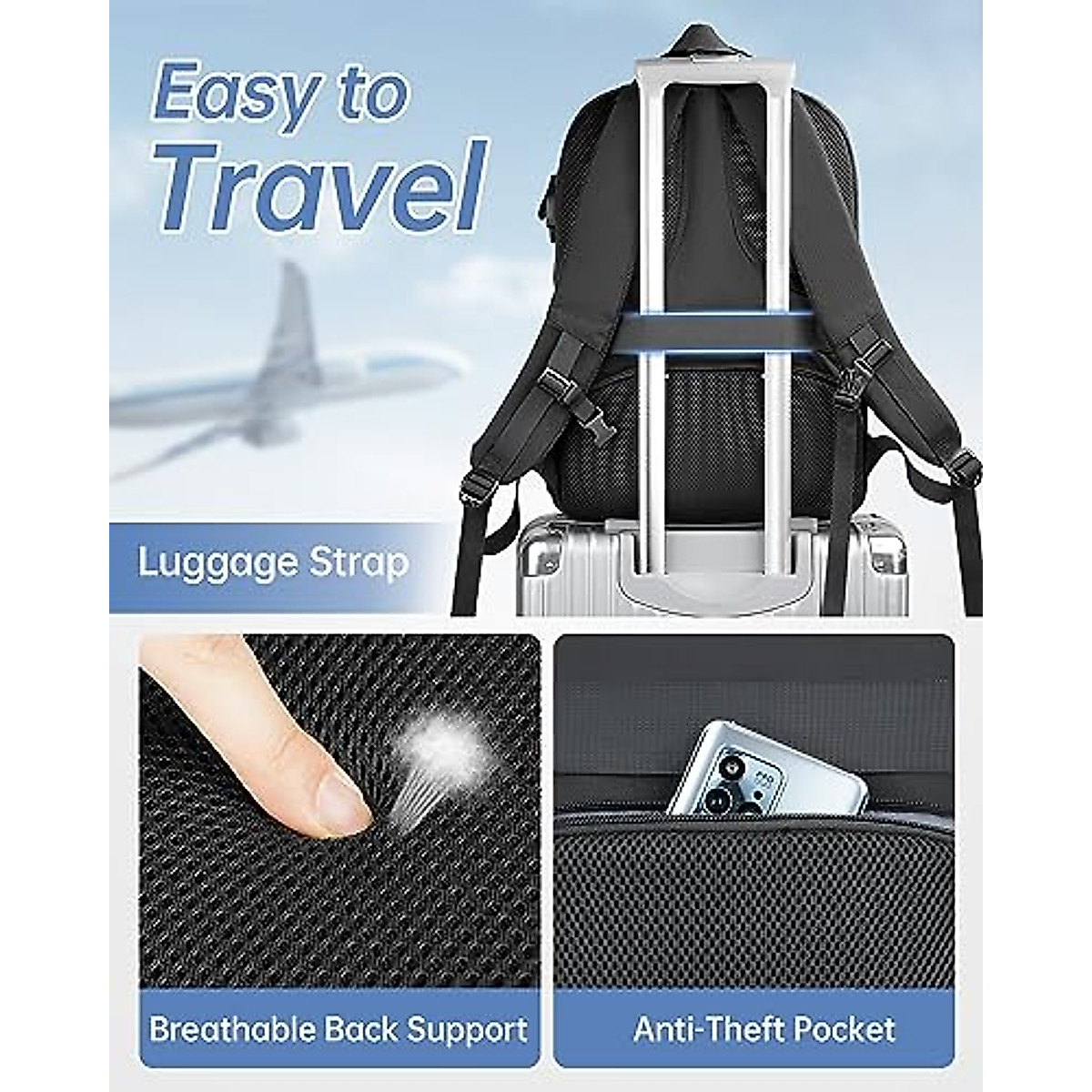 17 Inch Laptop Backpack for Men, TSA Approved Large Computer Backpack with USB Charging Port, Water Resistant Travel Business Backpack for Women, Anti Theft Carry on Daypack College Office Bag, Black