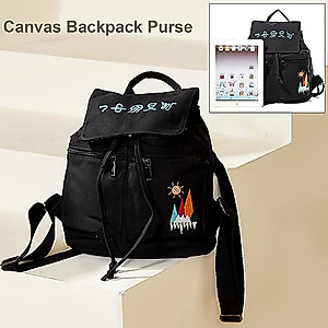 Canvas Backpack Purse for Women Men, Fashion Embroidery Casual Backpack Casual Travel Rucksack (Black)