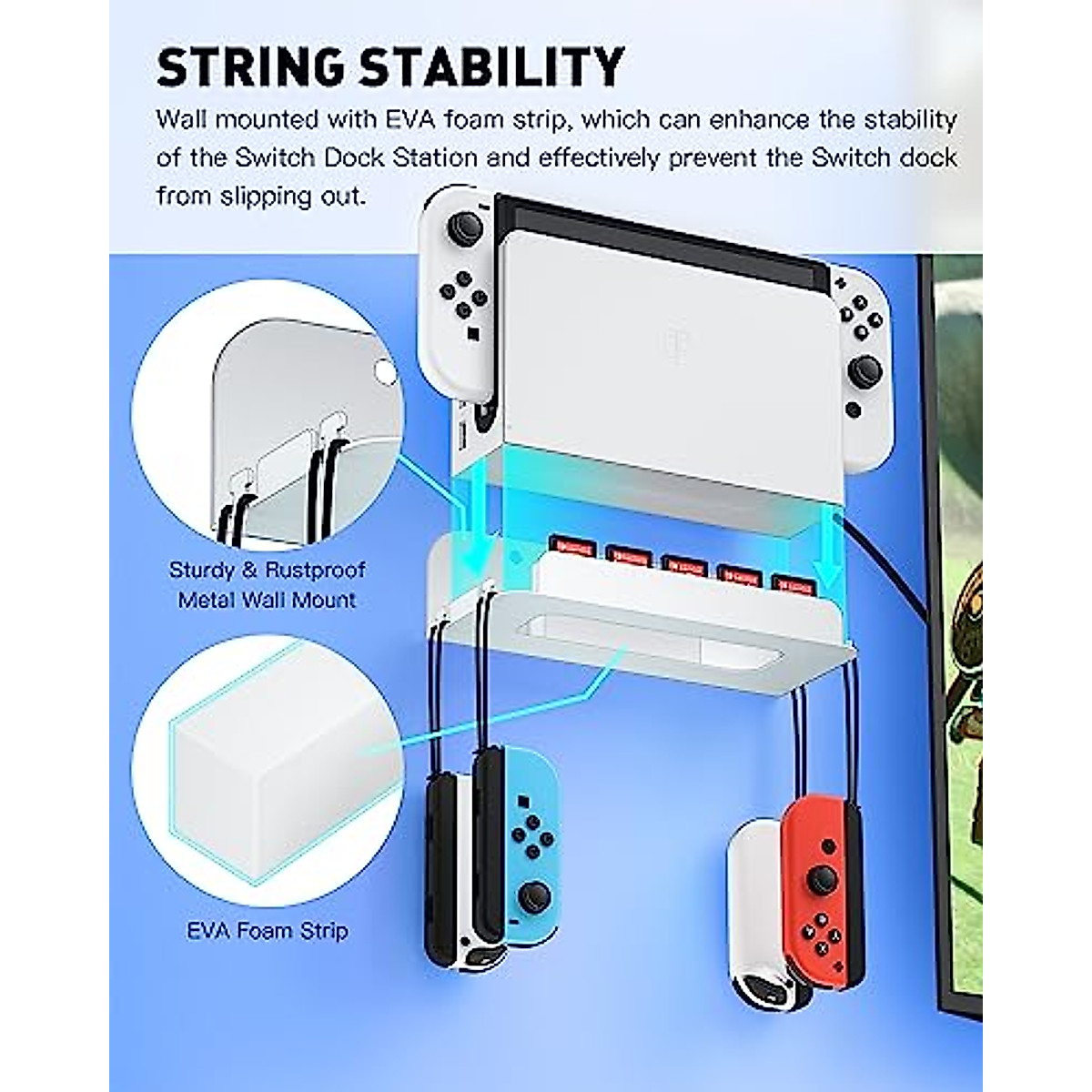 ZAONOOL Wall Mount for Nintendo Switch and Switch OLED, Metal Wall Mount Kit Shelf Stand Accessories with 5 Game Card Holders and 4 Joy Con Hanger, Safely Store Switch Console Near or Behind TV, White