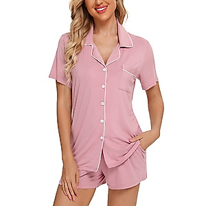 FERDAT Pj Sets Women's Pajamas Button Up Sleepwear 2 Piece Soft Lounge Shorts Pink M