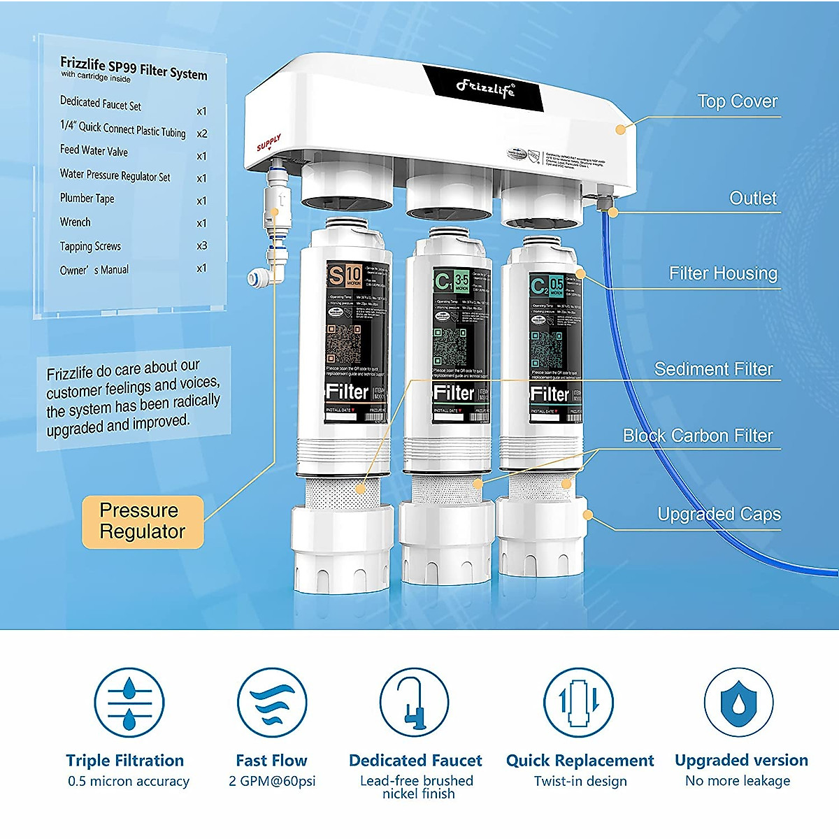 Frizzlife Under Sink Water Filter System with Brushed Nickel Faucet SP99-NEW, NSF/ANSI 53&42 Certified to Remove Lead, Chlorine, Odor & Bad Taste - 0.5 Micron, Quick Change, USA Tech Support