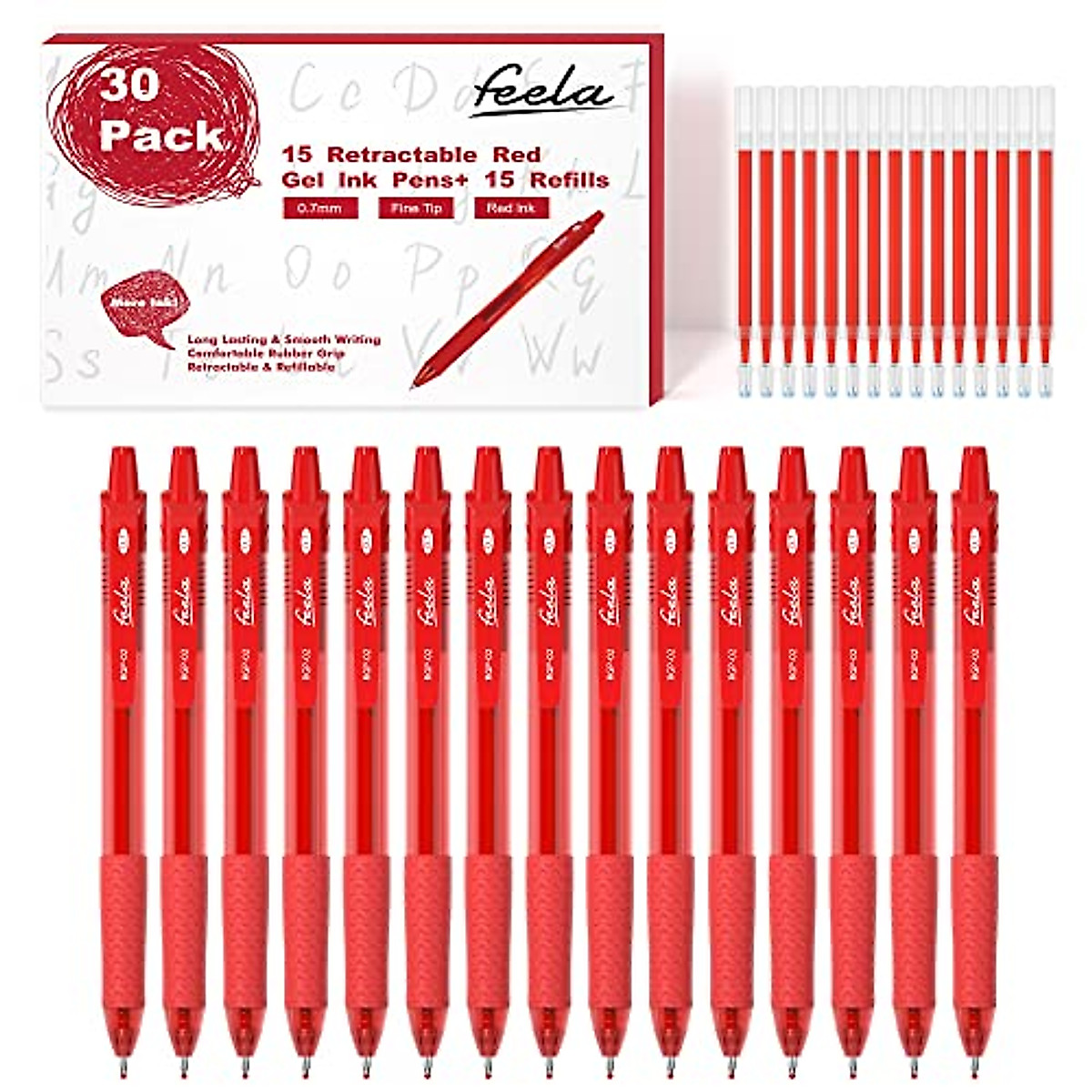 feela 30 Pack Retractable Red Ink Gel Pens Set Medium Point 15 Piece Fine Point Gel Pen with 15 Refills for Smooth Writing