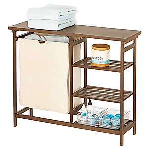 mDesign Bamboo Freestanding Laundry Hamper Basket Table - Storage Shelves for Folding Clothes and Organizing Detergent, Fabric Softener, Bleach, Dryer Sheets - Echo Collection - Espresso Brown