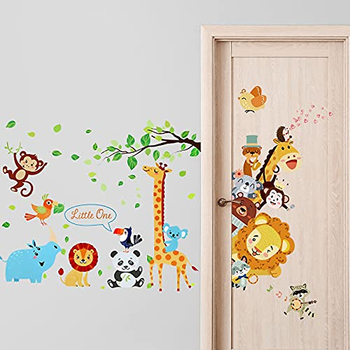 Wall Decals for Nursery Room Animal Tree Wall Stickers Baby Door Cartoon Decor Jungle Safari Giraffe Elephant DIY Children Murals Decoration Removable Wallpaper for Boy Girl Room Bedroom Wardrobe