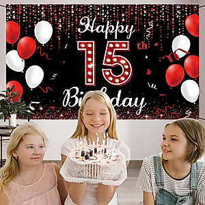 15th Birthday Backdrop Banner, Happy 15th Birthday Decorations for Girls, Red Black 15 Year Old Birthday Party Photo Booth Props, XV Birthday Yard Sign Decor for Outdoor Indoor, Fabric Vicycaty