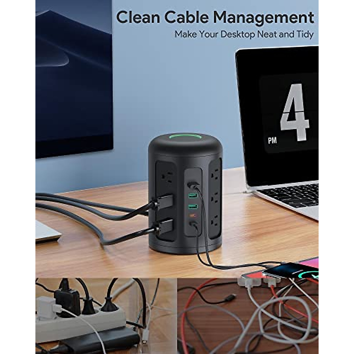 20W USB C Power Strip Tower with 12 AC Outlets, 1500J Surge Protectors, Charging Station for iPhone 14/13 Series, 5FT Extension Cord with Multiple outlets for Dorm Rooms, Home/Office Essentials, Black