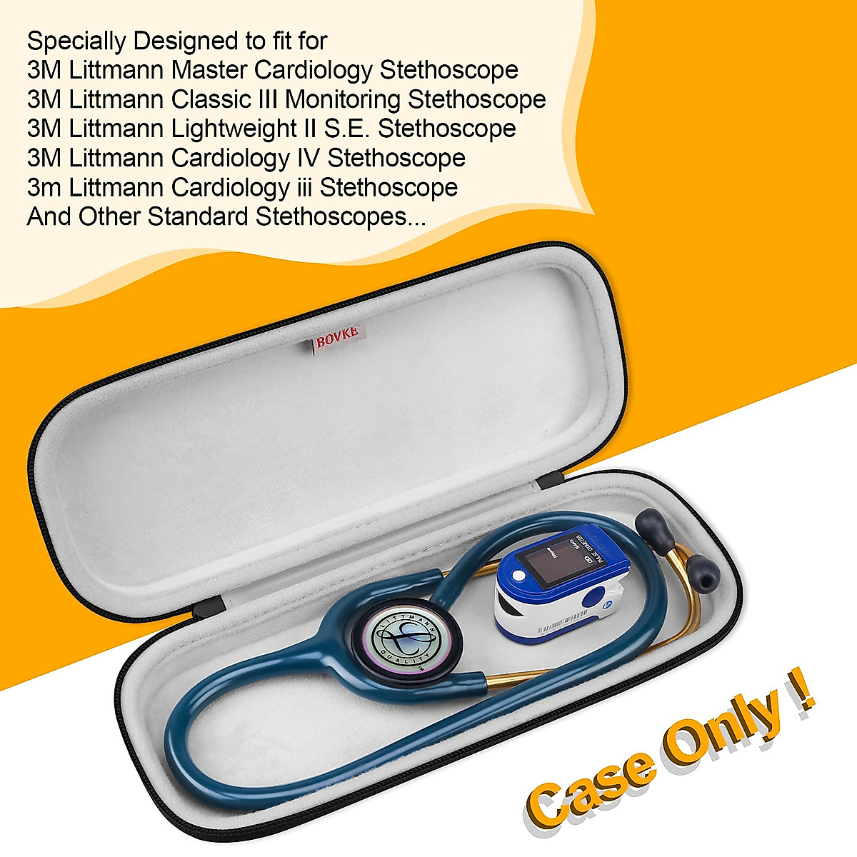 BOVKE Stethoscope Case, Lightweight Slim Stethoscope Holder Compatible with 3M Littmann Classic III, Lightweight II S.E, Littmann Cardiology IV, MDF Acoustica Deluxe Stethoscopes, Black
