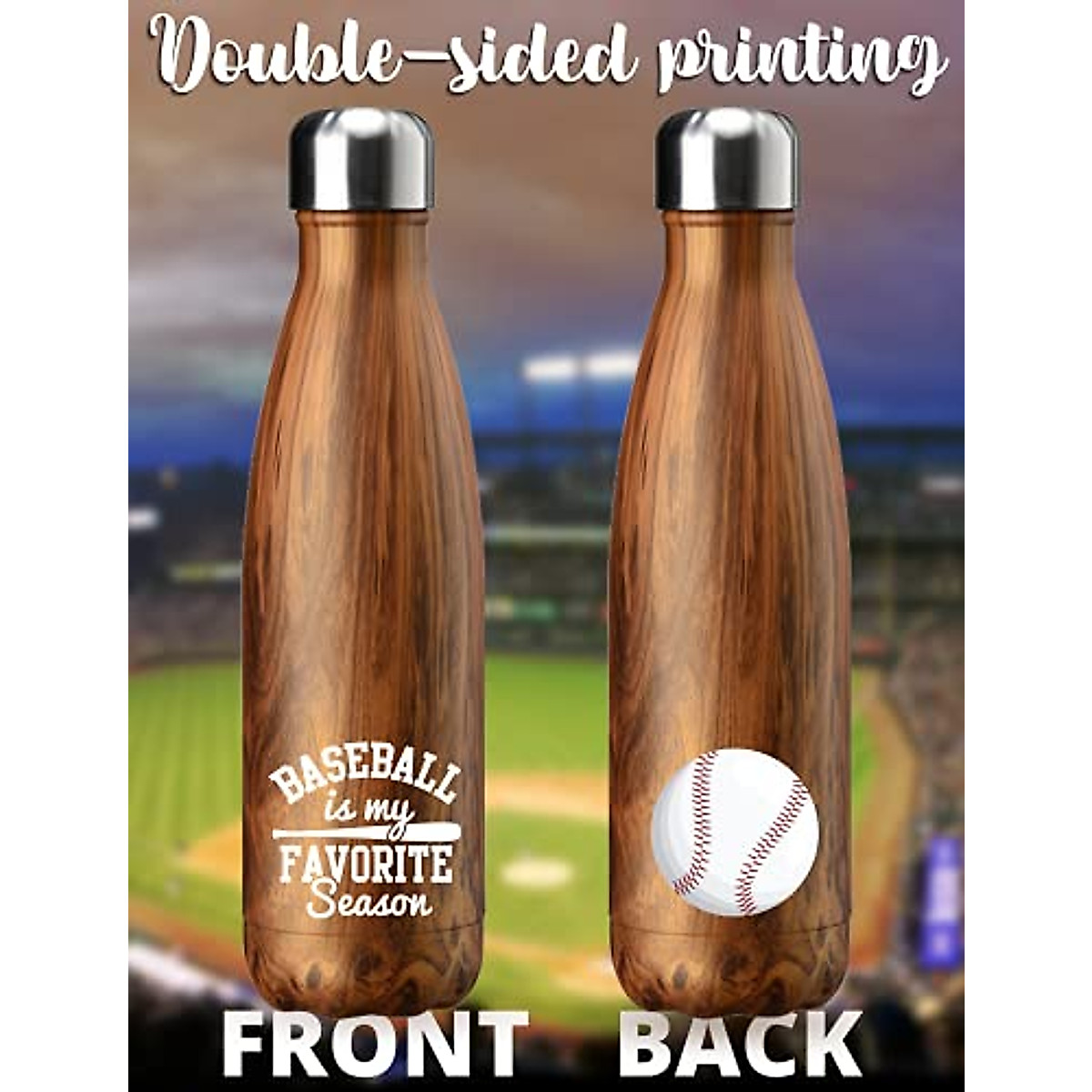 Onebttl Baseball Gifts for Boys and Girls, 17oz Stainless Steel Water Bottle, Wooden - Baseball is My Favourite Season
