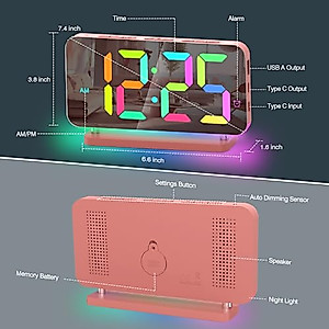 Poeroa RGB Digital Alarm Clock,7.4 in LED Desk Clock with Night Light,USB C Charger Port,Auto Dimming,Acrylic Mirror Clock for Teens Girl Adults Bedroom Decor - Pink