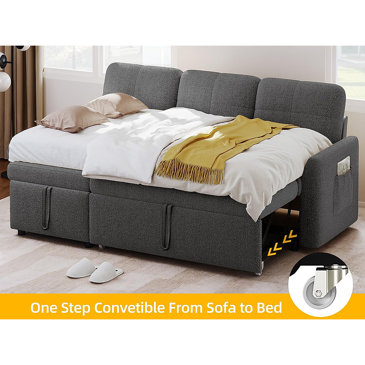 YITAHOME 86" Sleeper Sofa, 2 in 1 Convetible Sofa Bed with Pull Out Couch Bed and Storage Chaise,L-Shape Sectional Sofa for Living Room, Teddy Fleece, Grey