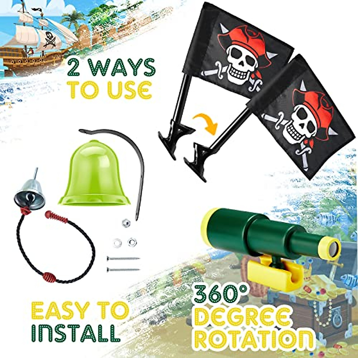 Junkin 4 Pcs Outdoor Playground Accessories for Kids Pirate Playground Equipment Set Include Pirate Ship Wheel Flag Bell Telescope for Swing Set Playhouse Backyard Tree House Jungle Gym Pirate Ship