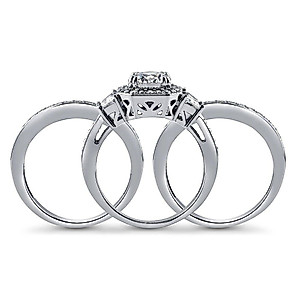 BERRICLE Sterling Silver Halo Wedding Engagement Rings Round Cubic Zirconia CZ Art Deco Ring Set for Women, Rhodium Plated Size 6.5