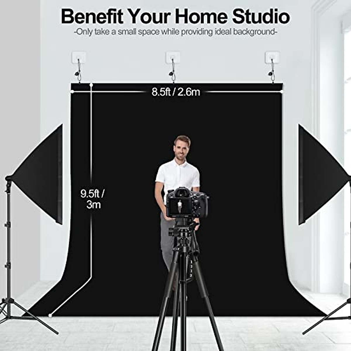 Emart 8.5x10ft Black Photo Backdrop Curtain, Black Background Back Drop Cloth for Pictures Photography, Photo Booth Photoshoot Black Polyester Fabric Screen Sheet for Video Parties - Wall Mount