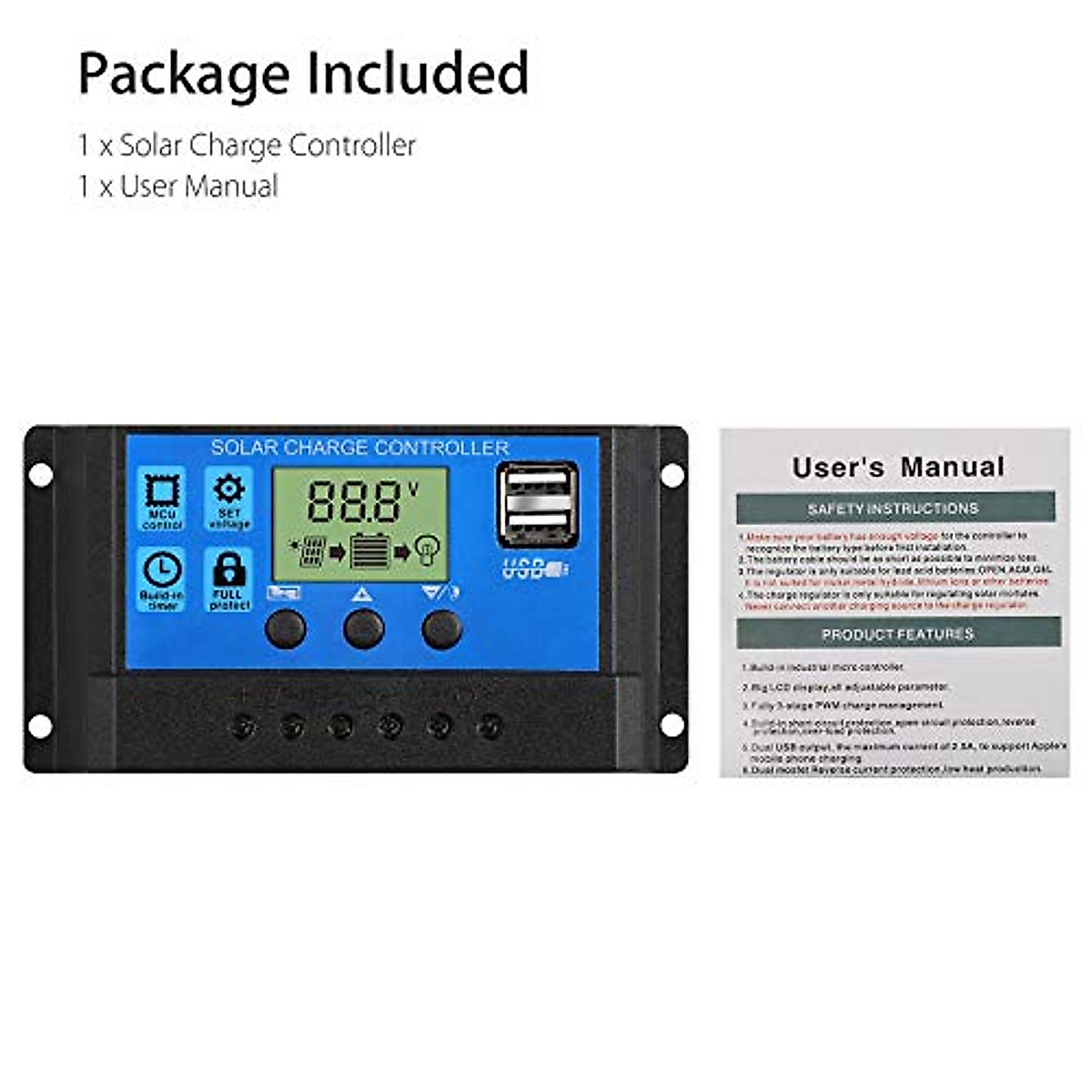 EEEKit 20A Solar Charge Controller, 12V/24V Solar Panel Battery Intelligent Regulator with Dual USB Port PWM Auto Parameter Timer Setting Adjustable LCD Display, Blue