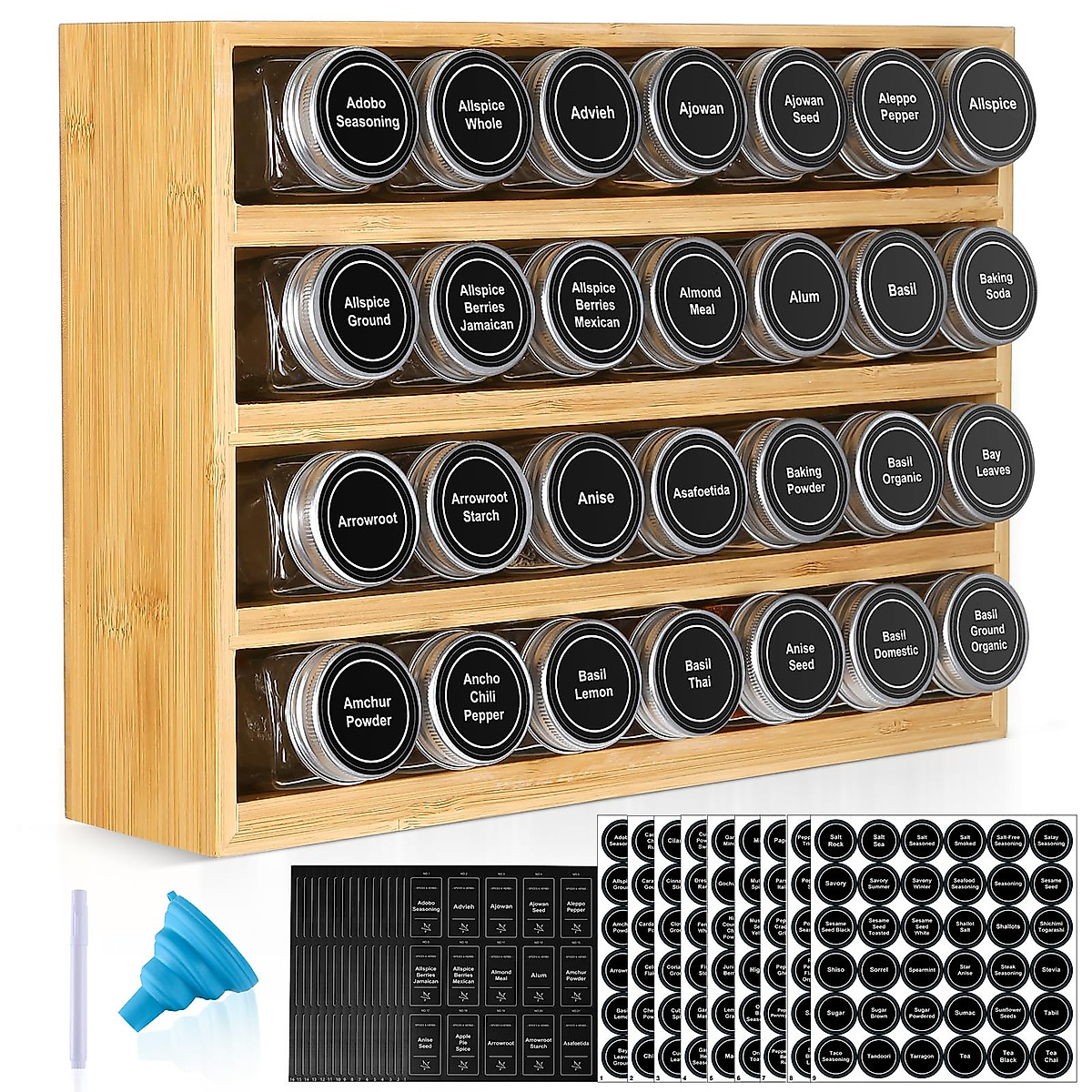 Bamboo Spice Rack Organizer With 28 Spice Jars, 780 Labels, 4 Tier Wood Hanging Shelf, Chalk Marker and Funnel Set for Drawer Cabinet Kitchen Countertop Wall Mount, Empty 4 oz Glass Jar & Shaker Lids
