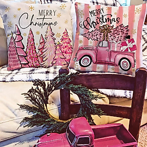 CARRIE HOME Pink Christmas Decor Pink Christmas Truck Tree Pillow Covers 18x18 Set of 2 Merry Christmas Outdoor Throw Pillows 18 x 18 for Porch and Couch (No Pillow Inserts)