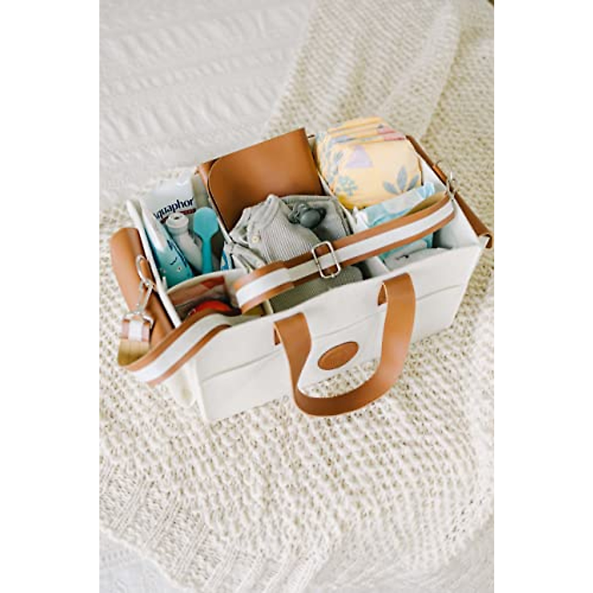 Baby Diaper Caddy Organizer with Changing Mat | Hanging Diaper Caddy Organizer | Diaper Organizer for Changing Table with Leather Handles | Car Diaper Caddy Organizer | Small Diaper Caddy Basket