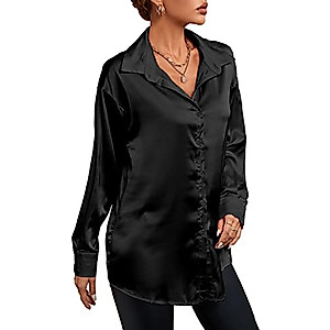 LYANER Women's Satin Silk Collar V Neck Button Down Long Sleeve Blouse Shirt Top Black X-Large