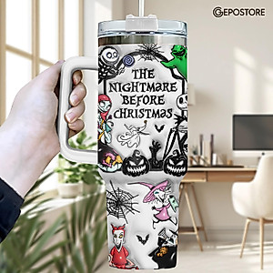 GEPOSTORE Christmas 3D Tumbler with Handle and Straw, Nightmare Before Movie Tumbler 40 oz, Gifts for Christmas, Christmas Mug, Christmas Movie Cup, Birthday Gifts for Movie Lovers
