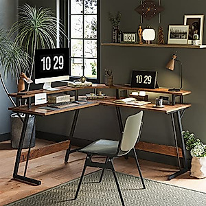 CubiCubi Gaming Desk, 50.4” L Shaped Desk, Computer Corner Desk with Monitor Stand, Home Office Study Writing Workstation, Space-Saving, Deep Brown