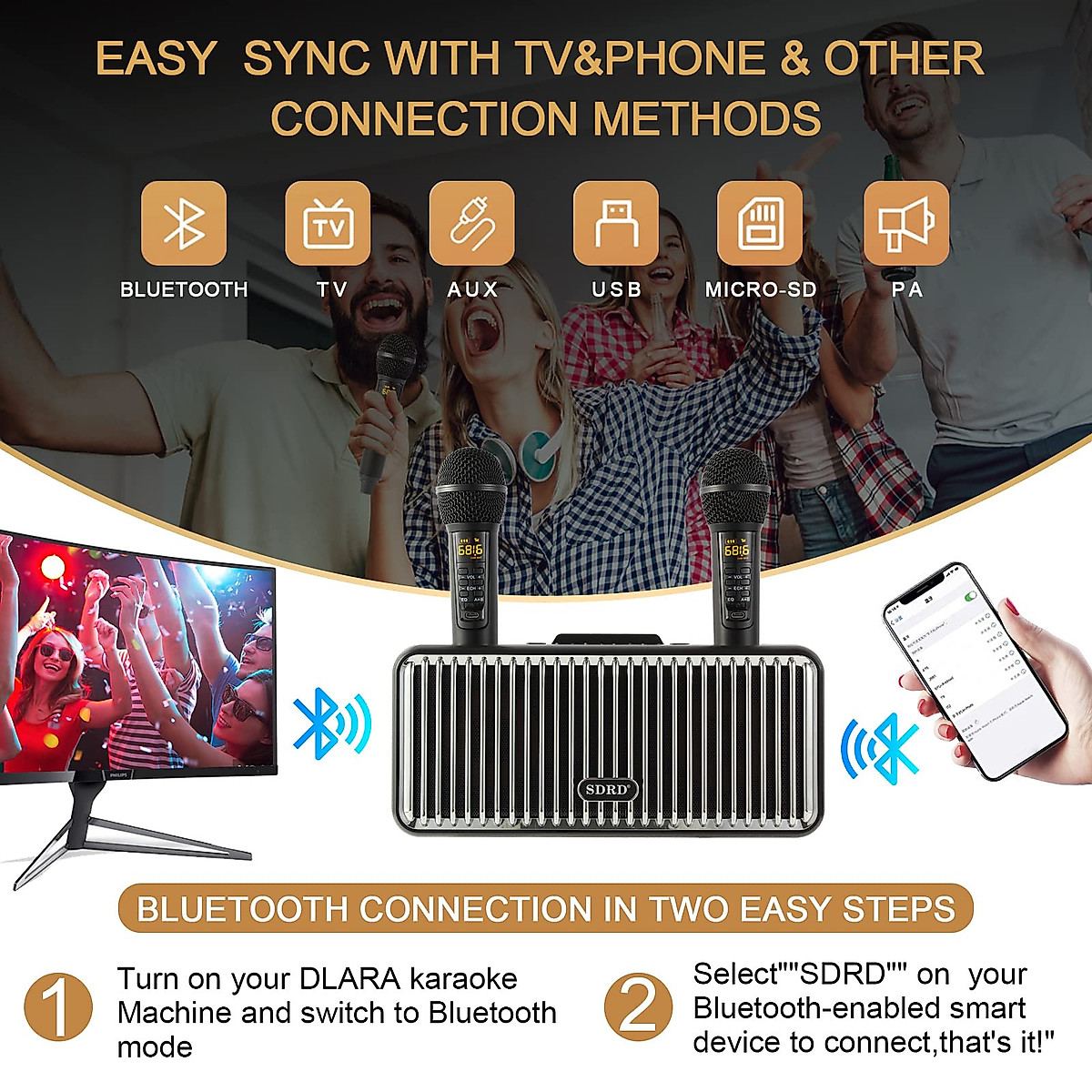 Karaoke Machine for Adults and Kids,Bluetooth Karaoke Speaker with 2 Wireless Microphone,Party Speakers with Phone Holder,HD Sound PA System Support TWS,TFcard,AUX in,for Party/Meeting